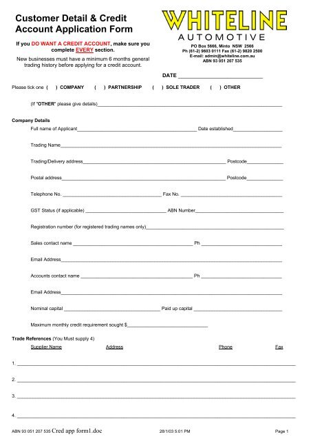 Customer Detail & Credit Account Application Form - Whiteline