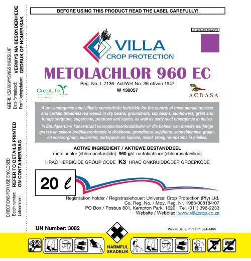 METOLACHLOR 960 EC 20 l - Villa Crop Protection