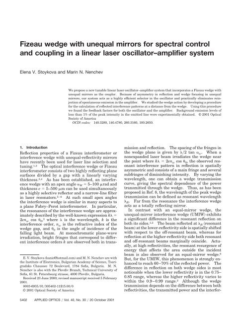 Fizeau wedge with unequal mirrors for spectral ... - Optics InfoBase