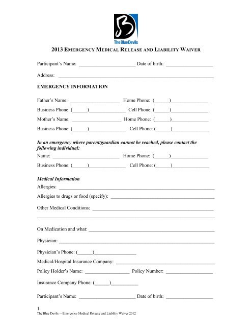 Medical Form and Liability Waiver - Blue Devils