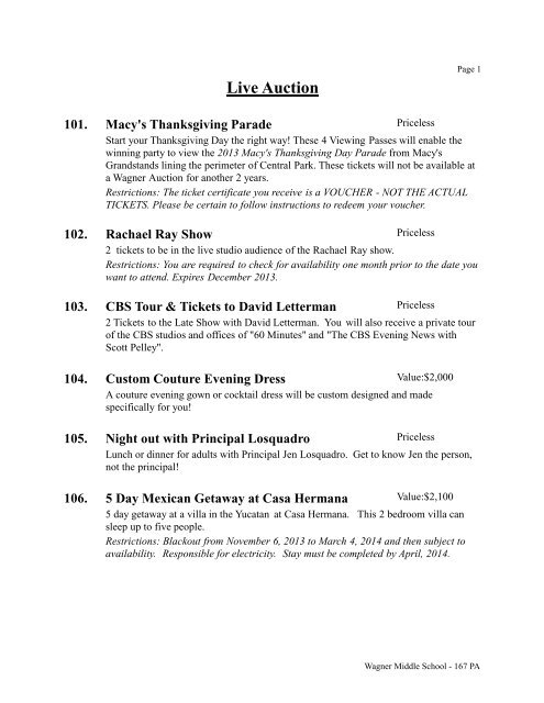 Live Auction - MS 167, Robert F. Wagner Middle School