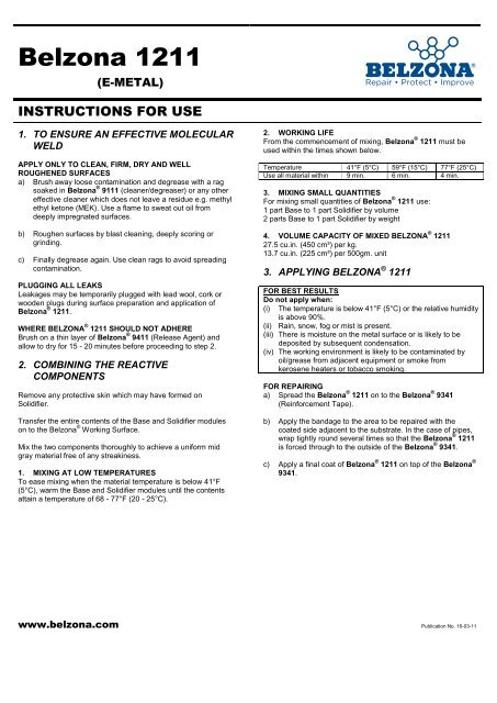 Belzona 1211 - Instructions for Use - Prime Products Distribution