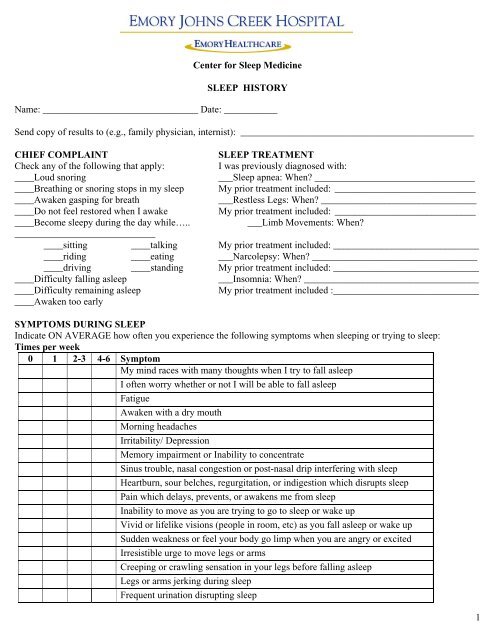 Sleep History Questionnaire - Emory Johns Creek Hospital