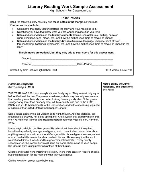 Literary Reading Work Sample Assessment