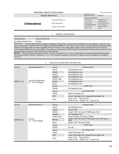 MATERIAL SAFETY DATA SHEET Ceilcote 380 Part B