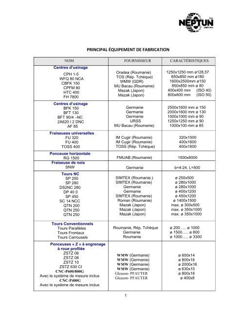 Liste des outillages - Neptun Gears