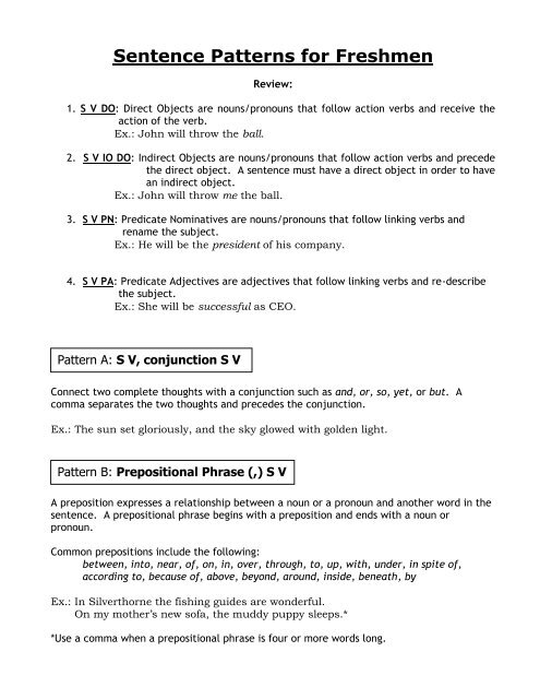 Sentence Patterns for Freshmen - Teachers