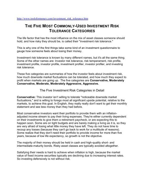 the five most commonly-used investment risk tolerance categories
