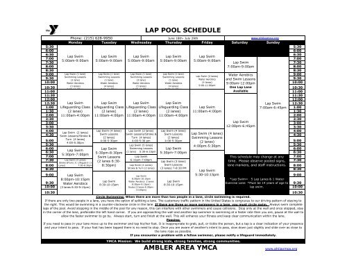 LAP POOL SCHEDULE AMBLER AREA YMCA