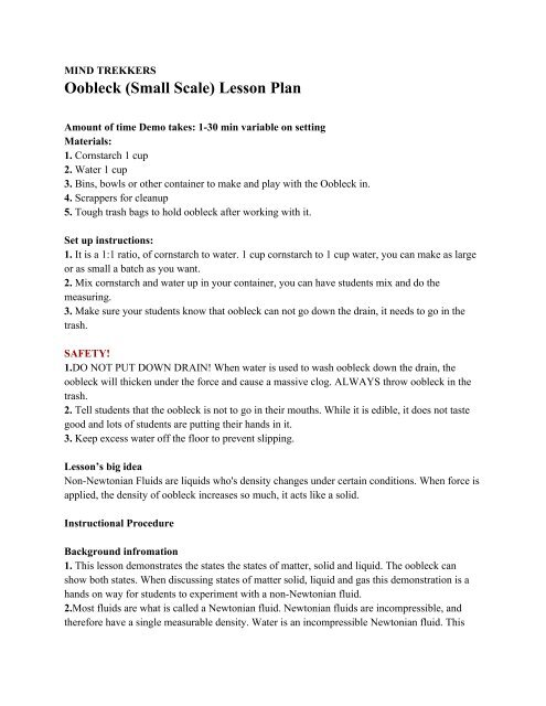 Oobleck (Small Scale) Lesson Plan - MTU Mind Trekkers