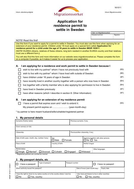 Application for residence permit to settle in Sweden - Migrationsverket