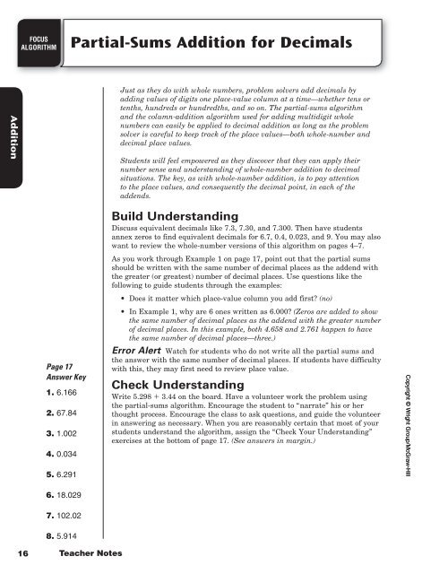 Partial-Sums Addition for Decimals
