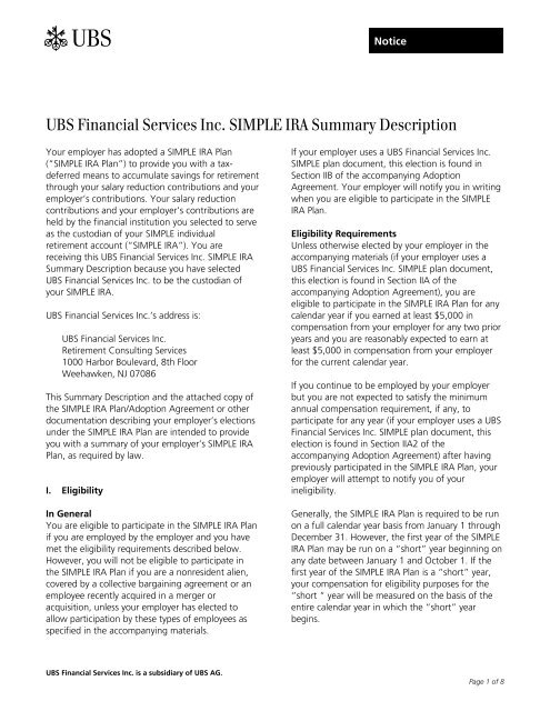 UBS Financial Services Inc. SIMPLE IRA Summary ... - Online Services