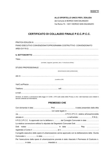 certificato di collaudo finale pec/pcc - Comune di Borgo San Dalmazzo