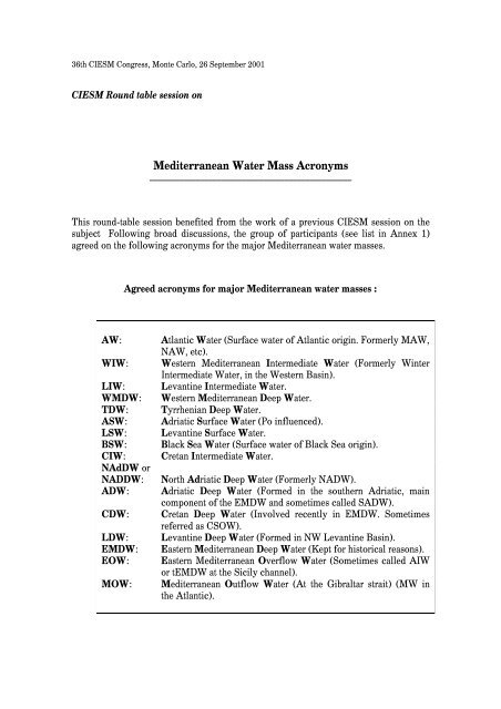 List of Mediterranean Water Mass Acronyms - CIESM