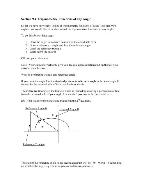 Section 9.4 Trigonometric Functions of any Angle