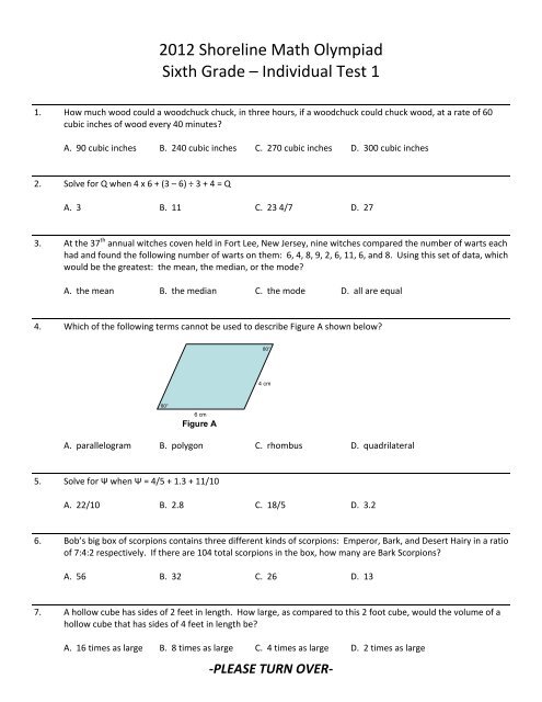 2012 Shoreline Math Olympiad Sixth Grade â Individual Test 1