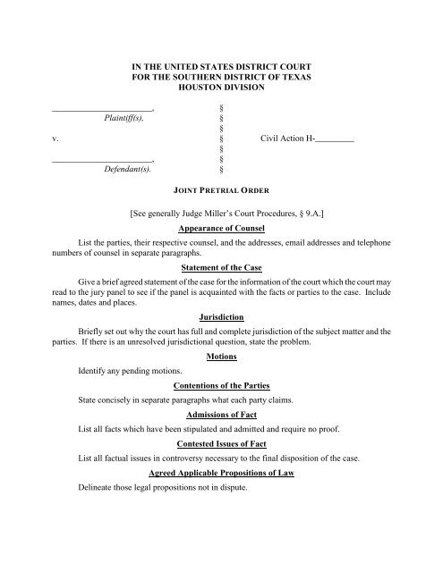 Joint Pretrial Orders - Southern District of Texas