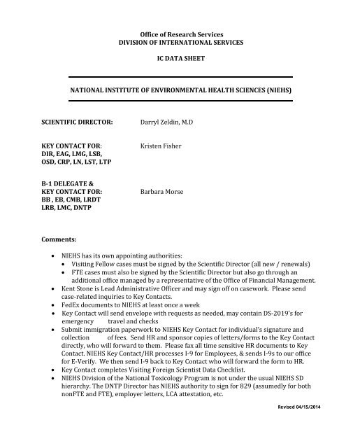 NIEHS Datasheet - NIH Division of International Services