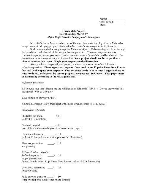 Queen Mab Project - 9th Grade Lit and Comp 2010-2011