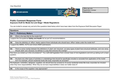 Public Comment Response Form - Safe Work Australia