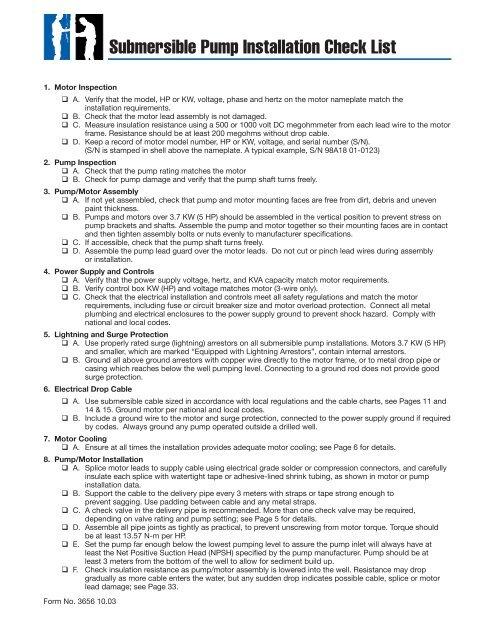 Pump Installation Check List - Franklin Electric