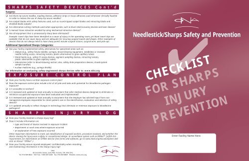 ONA Safety Checklist for Sharps Injury Prevention