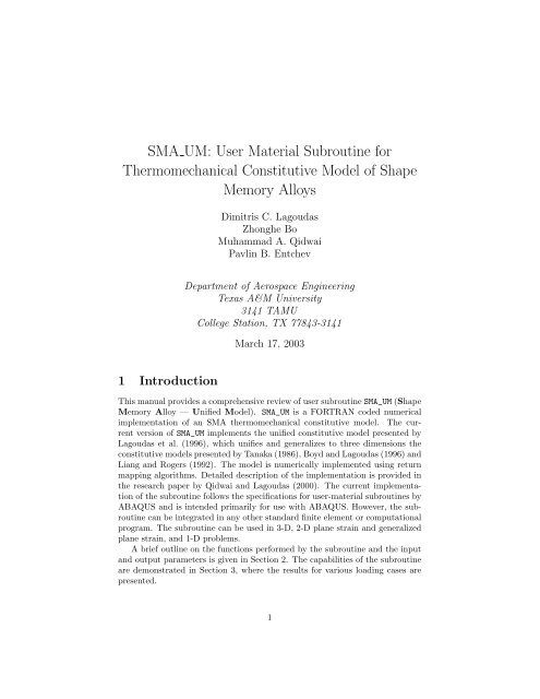 The SMA_UM Manual - Texas A&M Smart Lab - Texas A&M University