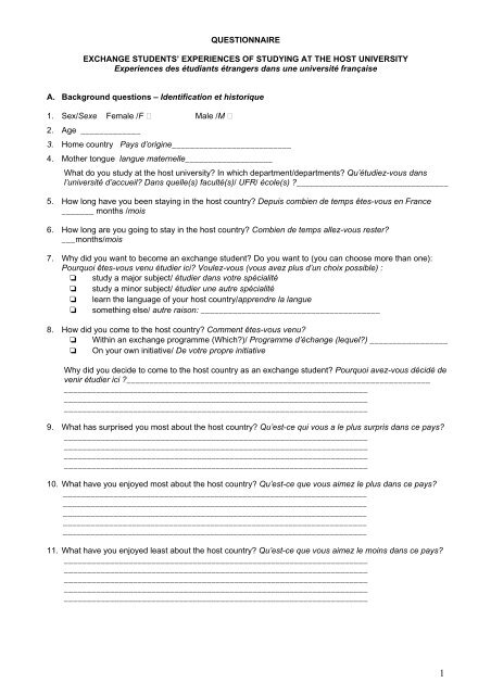 QUESTIONNAIRE EXCHANGE STUDENTS' EXPERIENCES OF ...