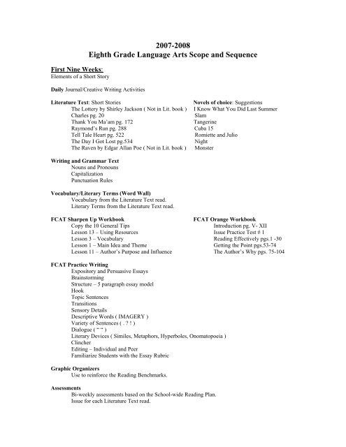 2007-2008 Eighth Grade Language Arts Scope and Sequence