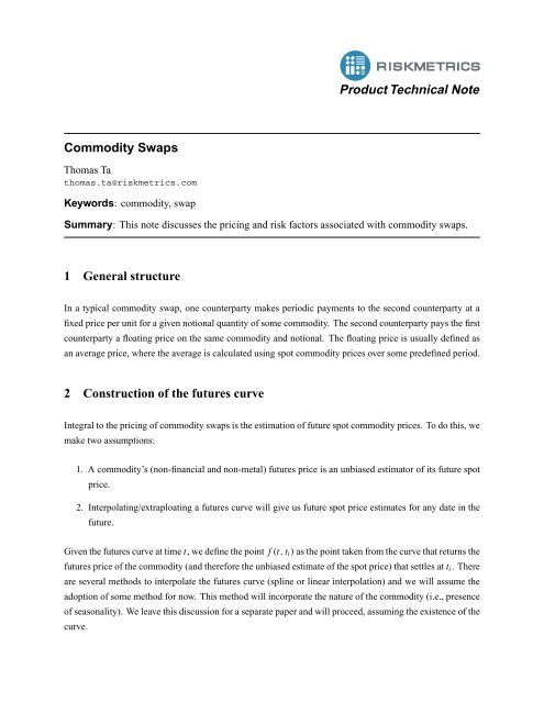 Product Technical Note Commodity Swaps 1 General structure 2 ...