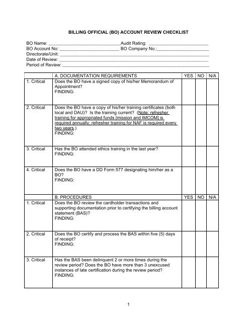 Billing Official Account Review Checklist and Review Ratings