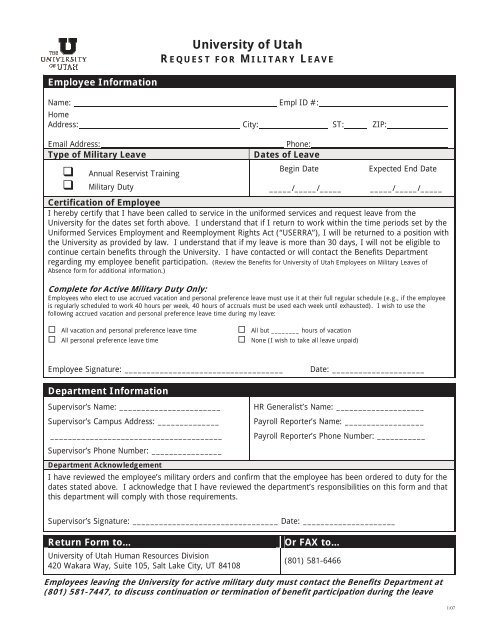 Military Leave Request - Human Resources - University of Utah