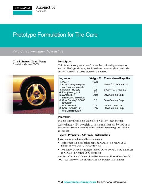 Prototype Formulation for Tire Care - Dow Corning