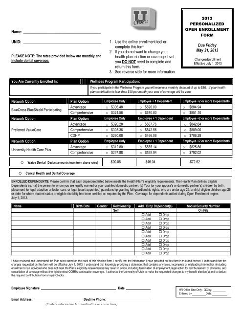 Health Care Plan Open Enrollment Form - University of Utah