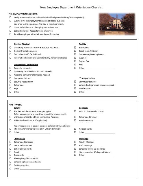 New Employee Department Orientation Checklist - The University of ...
