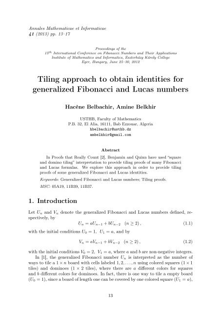 Tiling Approach To Obtain Identities For Generalized Fibonacci And