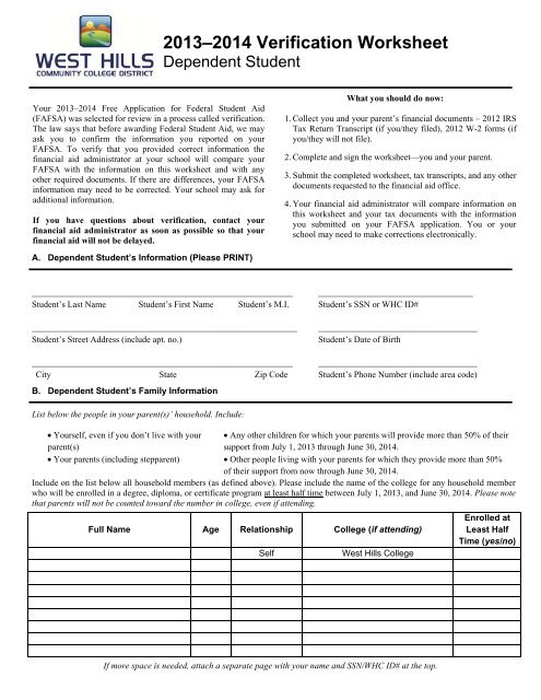 Dependent Verification Worksheet 2024 2025 (V4) Dependent Student