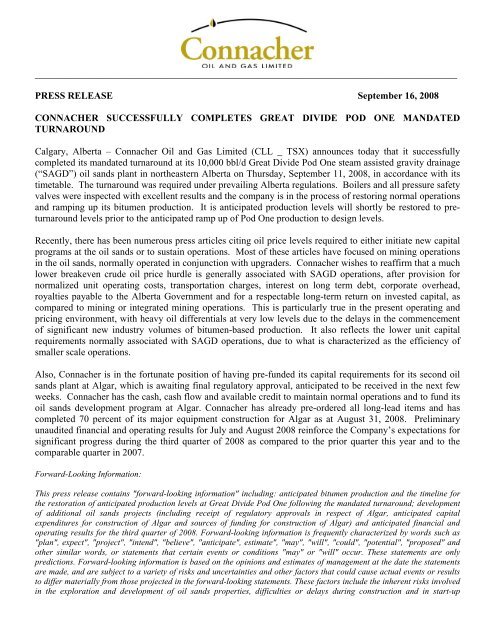 Connacher Successfully Completes Great Divide Pod One ...