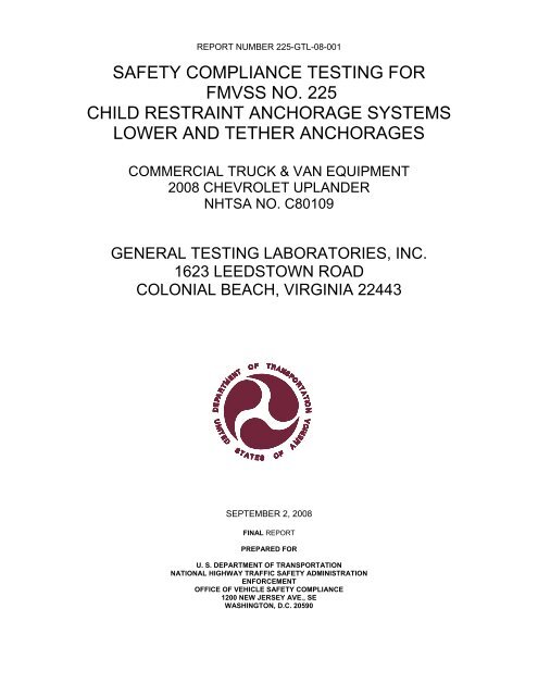 safety compliance testing for fmvss no. 225 child restraint anchorage ...