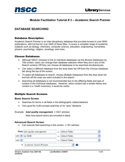 Facilitation Tutorial- Academic Search Premier - NSCC Library ...
