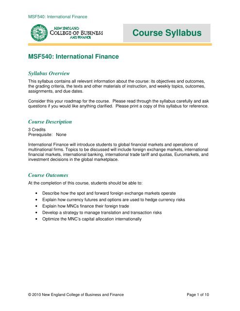 View syllabus (.pdf) - New England College of Business and Finance