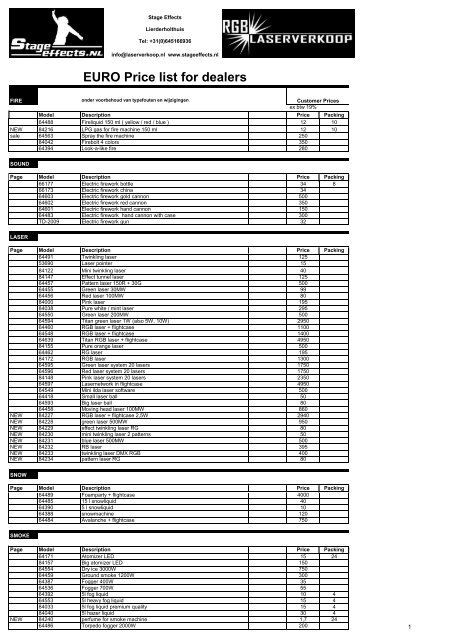 EURO Price list for dealers - RGB Laser Verkoop