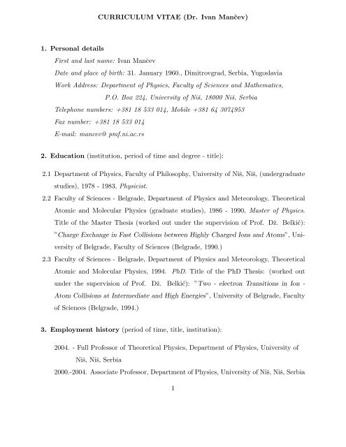 CURRICULUM VITAE (Dr. Ivan Mancev) 1. Personal details First ...