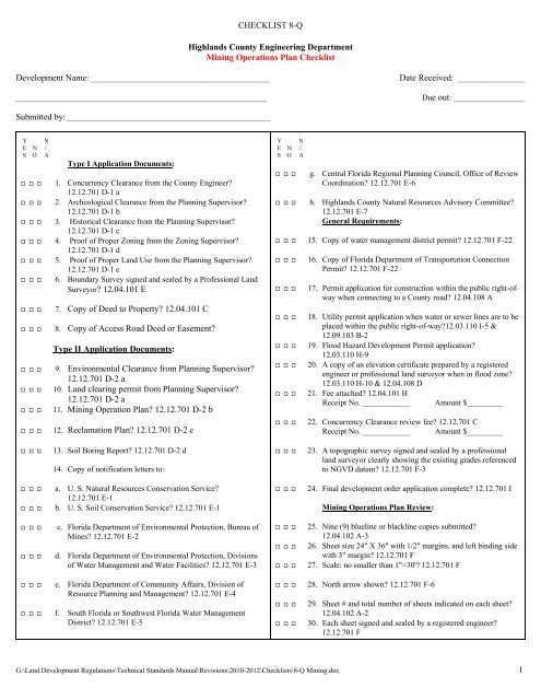 Mining Operations Plan Checklist - Highlands County