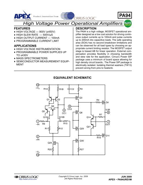 High Voltage Power Operational Amplifiers PA94