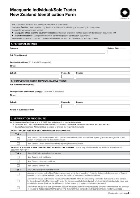 Macquarie Individual/Sole Trader New Zealand Identification Form