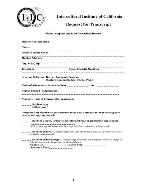 Transcript Request Form - Intercultural Institute of California