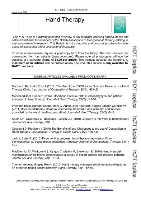 Hand Therapy - College of Occupational Therapists
