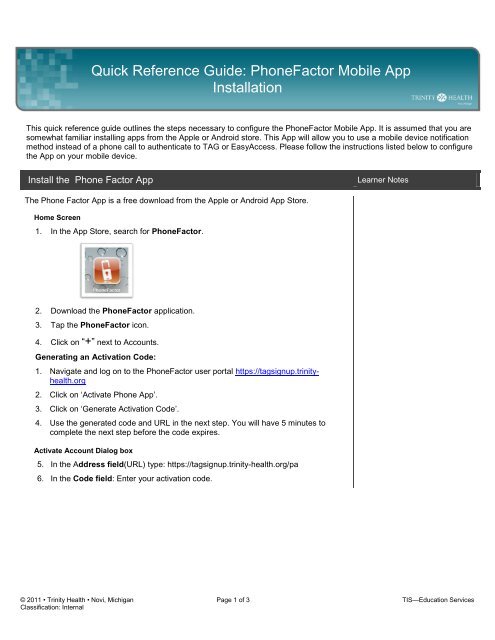 Quick Reference Guide: PhoneFactor Mobile App ... - Trinity Health